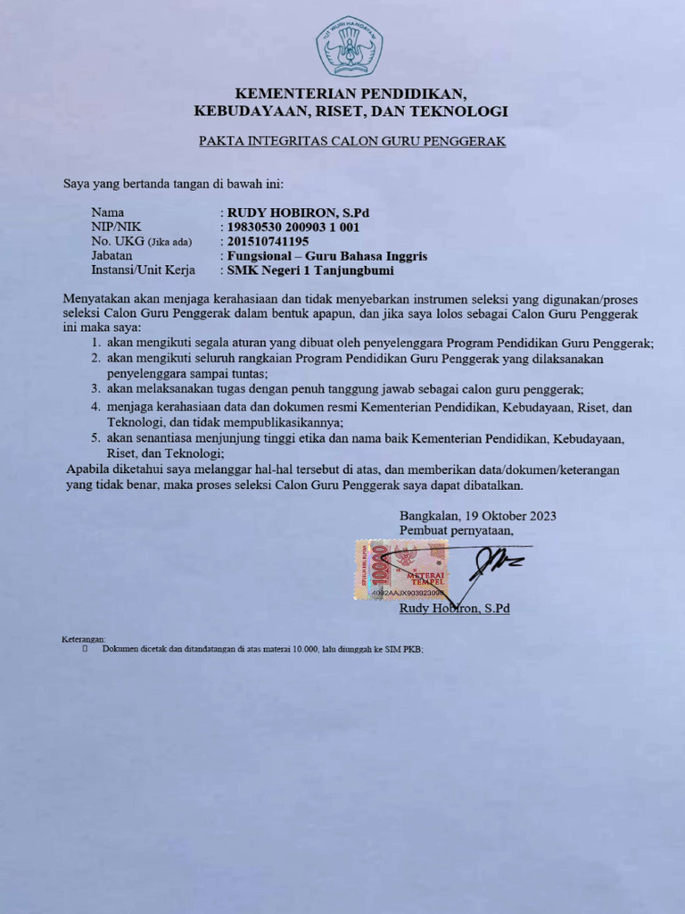 Pakta Integritas CGP 11 REGULER | PDF