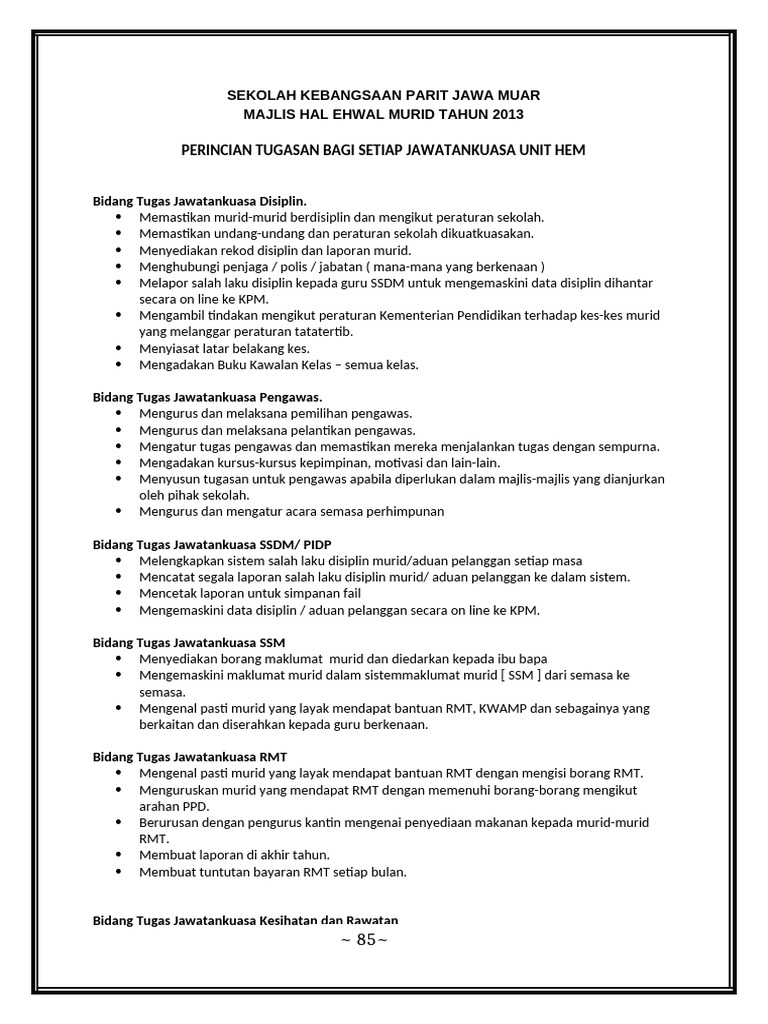 2.perincian Tugasan Bagi Setiap Jawatankuasa Unit Hem | PDF