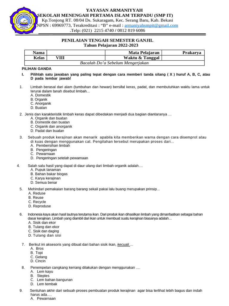 Soal PTS PRAKARYA 8 sem 1 (1) | PDF