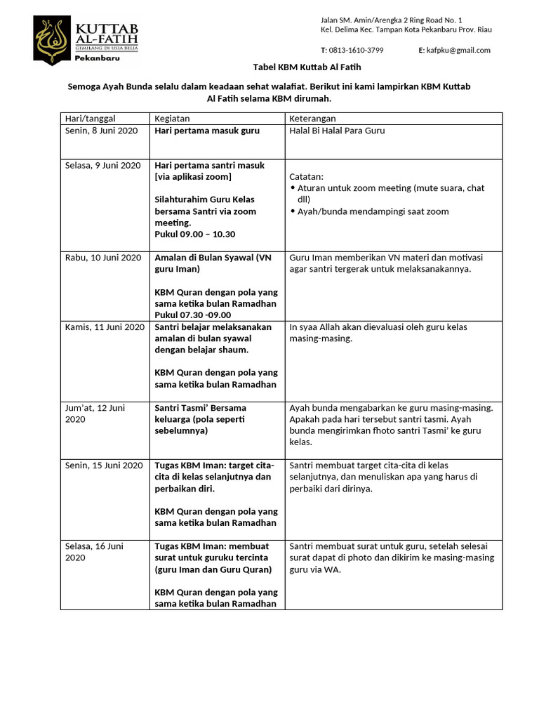 Agenda Kegiatan Kuttab Al Fatih | PDF