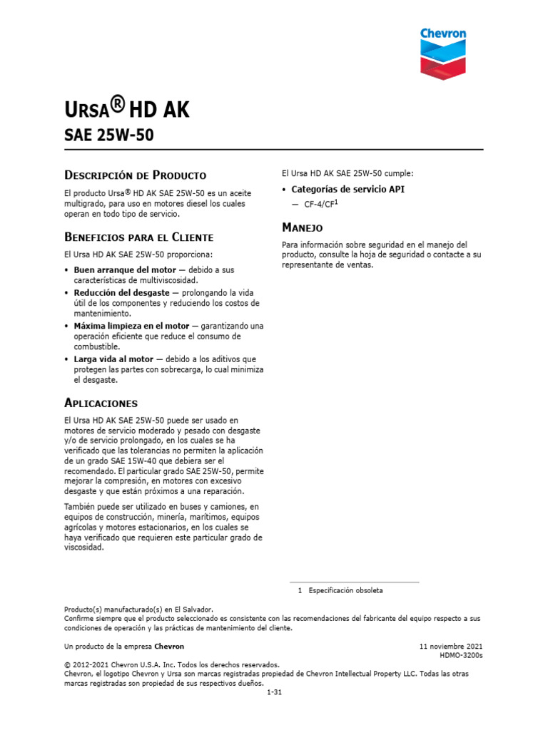 Ficha Tecnica Chevron Ursa HD Ak 25W-50 | PDF