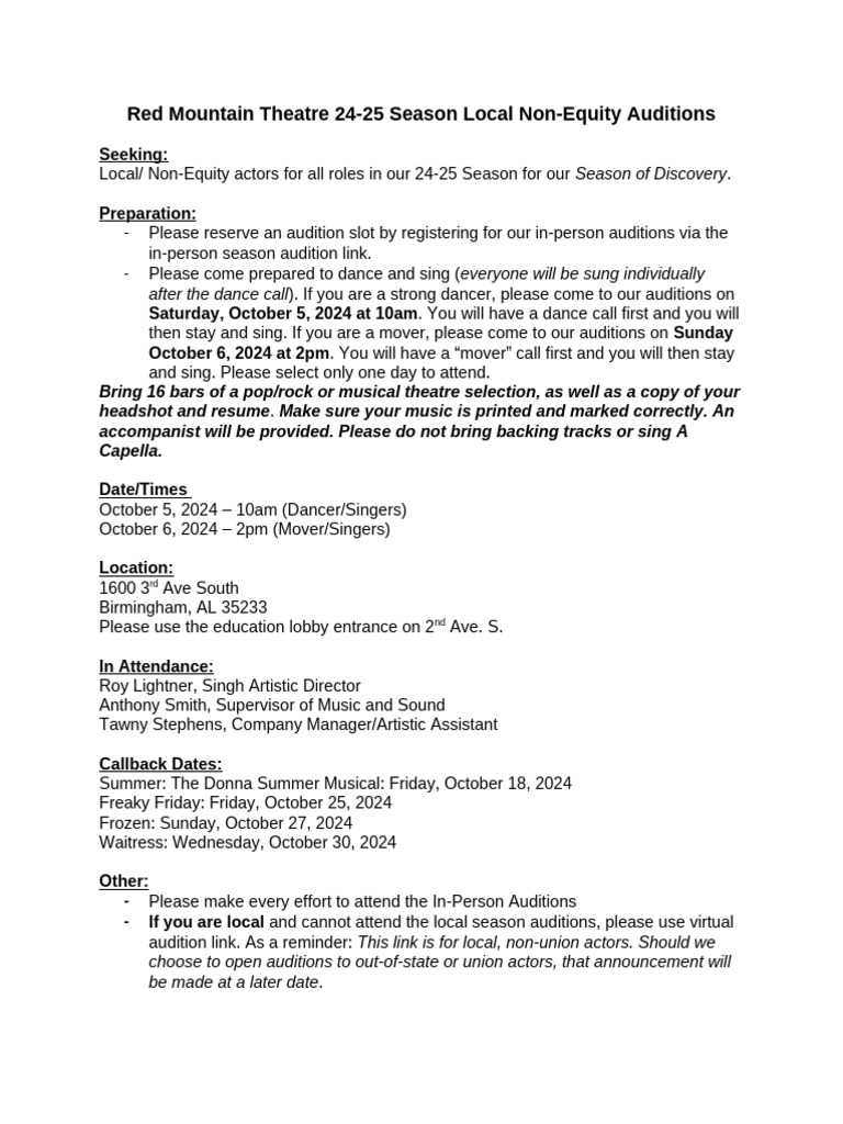 Audition Announcement 24 25 Casting Breakdown | PDF
