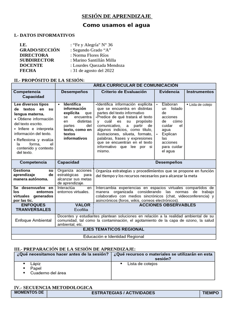 SESIÓN DE APRENDIZAJE 1 - Comunicación | PDF