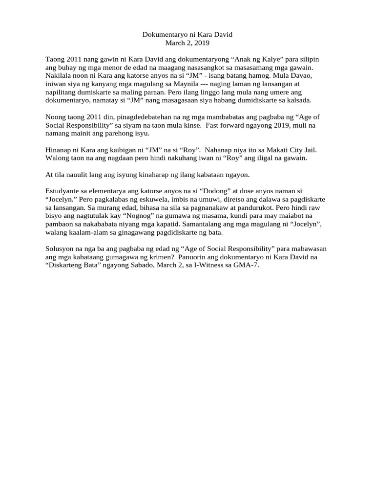 Dokumentaryo Ni Kara David | PDF