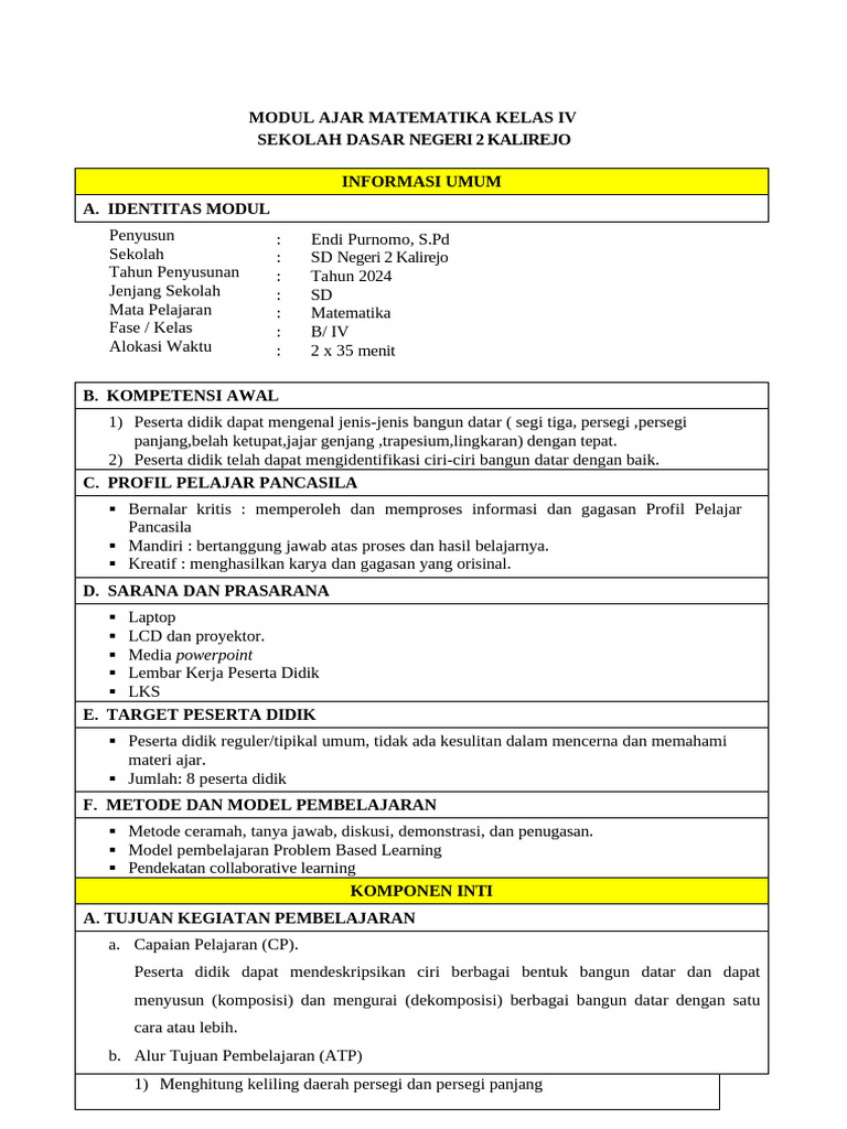 Modul Ajar Bangun Datar Kelas 4 MTK | PDF