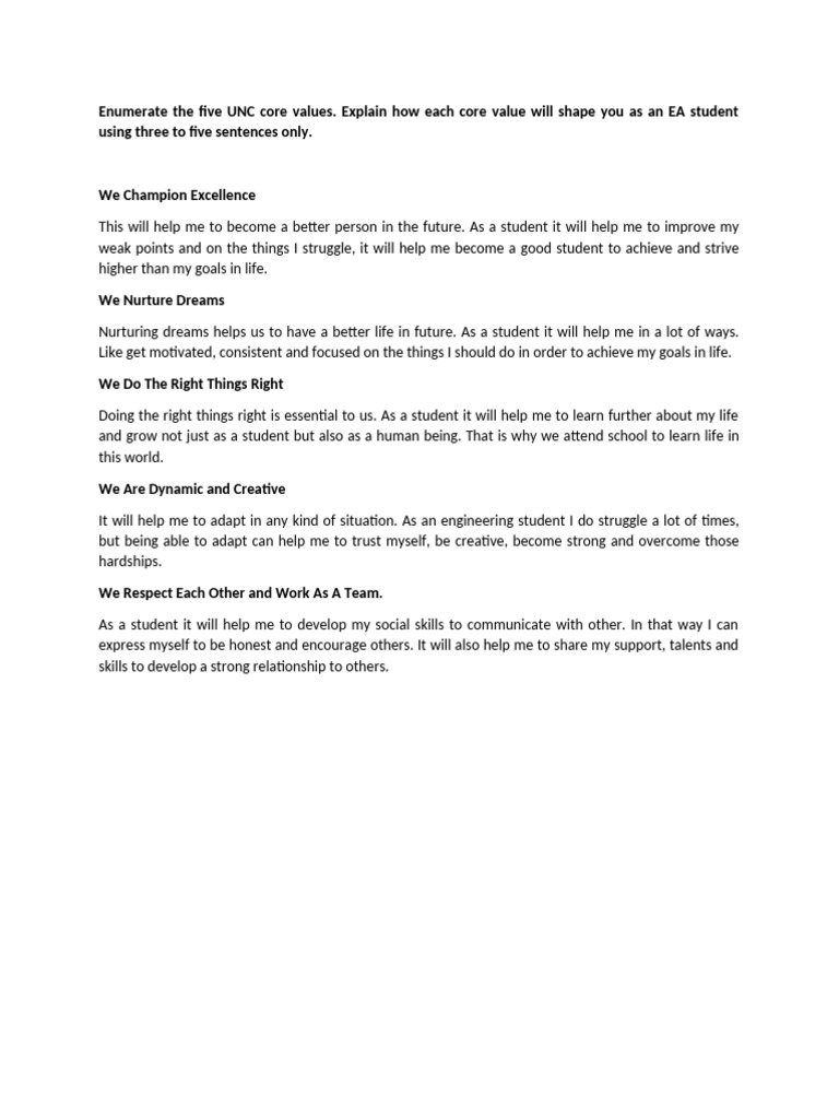 Enumerate The Five UNC Core Values | PDF