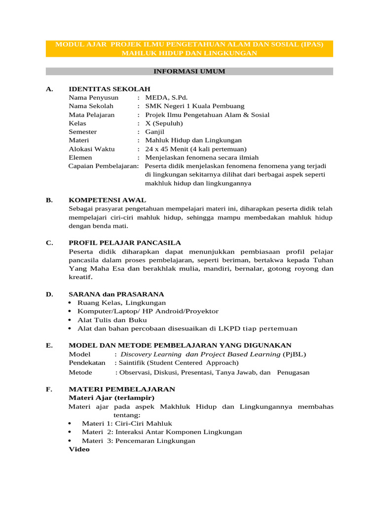 Modul Ajar IPAS: Mahluk Hidup & Lingkungan | PDF