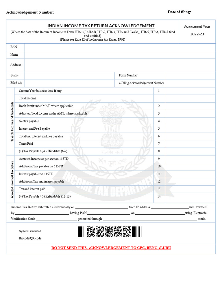 Indian Income Tax Return Acknowledgement: Acknowledgement Number: Date ...