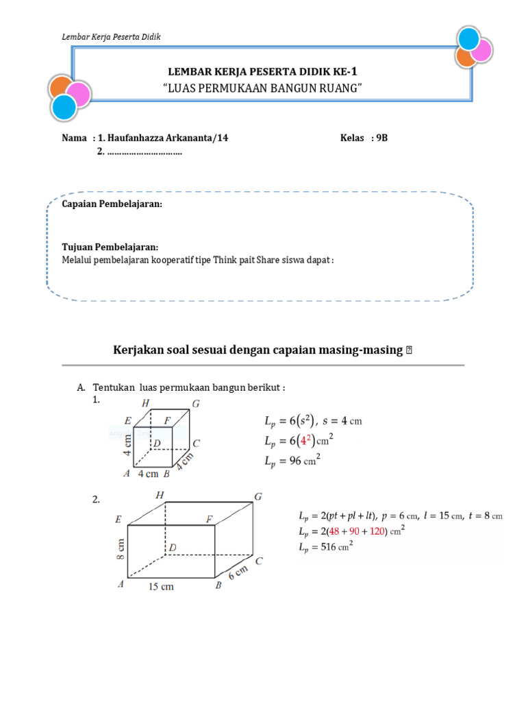 Jawaban LKPD Pert 1 Luas Permukaan Bangun Ruang 2024 | PDF