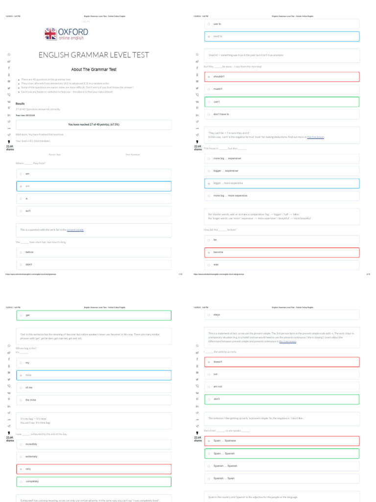 English Grammar Level Test 1 - Oxford Online English | PDF