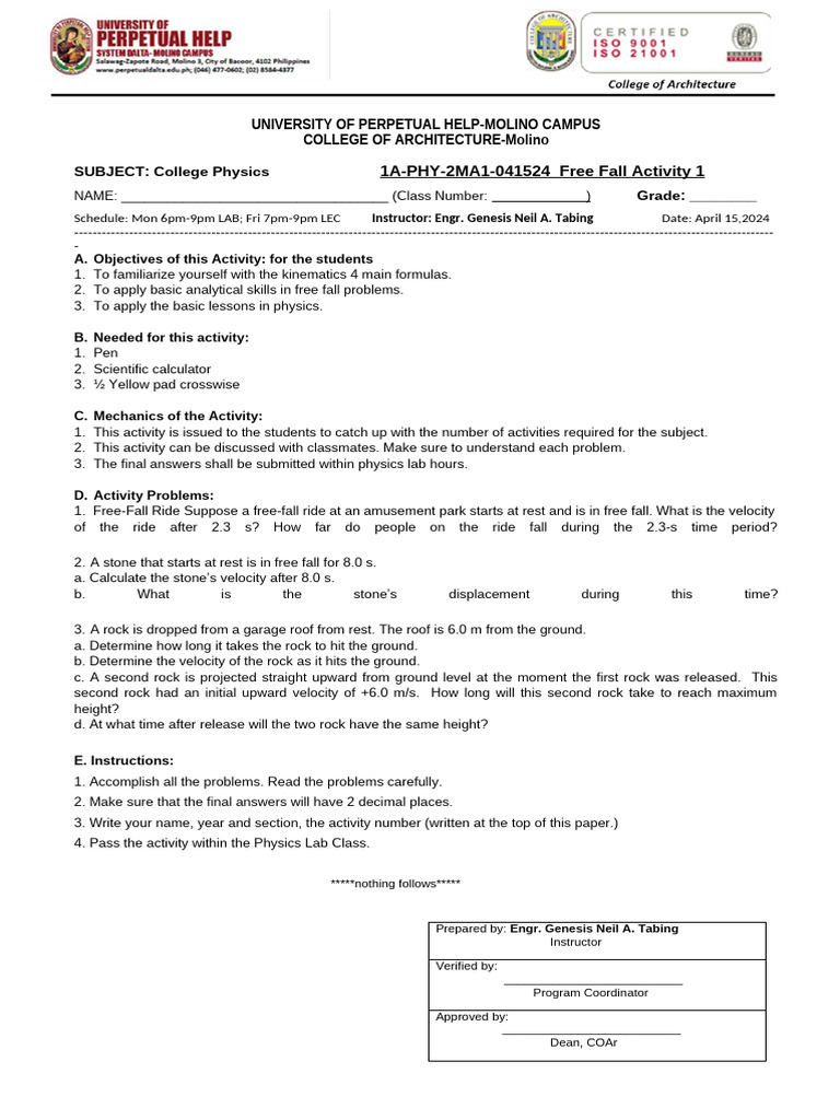 1A PHY 2MA1 041524 - Free Fall Activity 1 | PDF