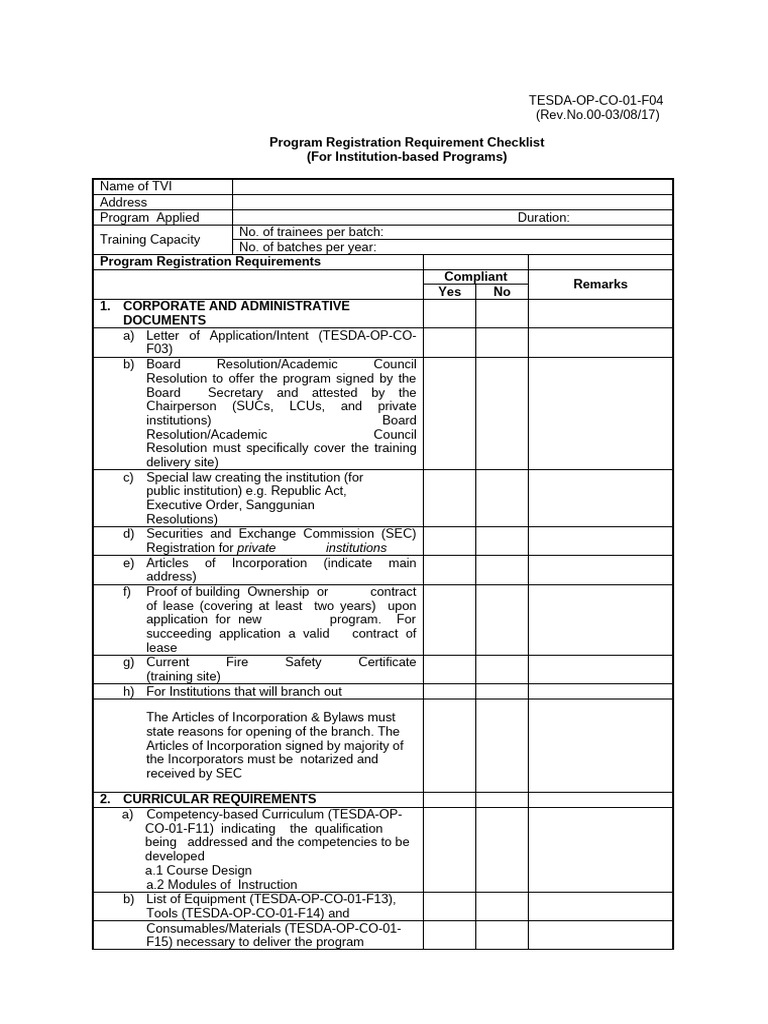Checklist - Institution-Based Programs | PDF