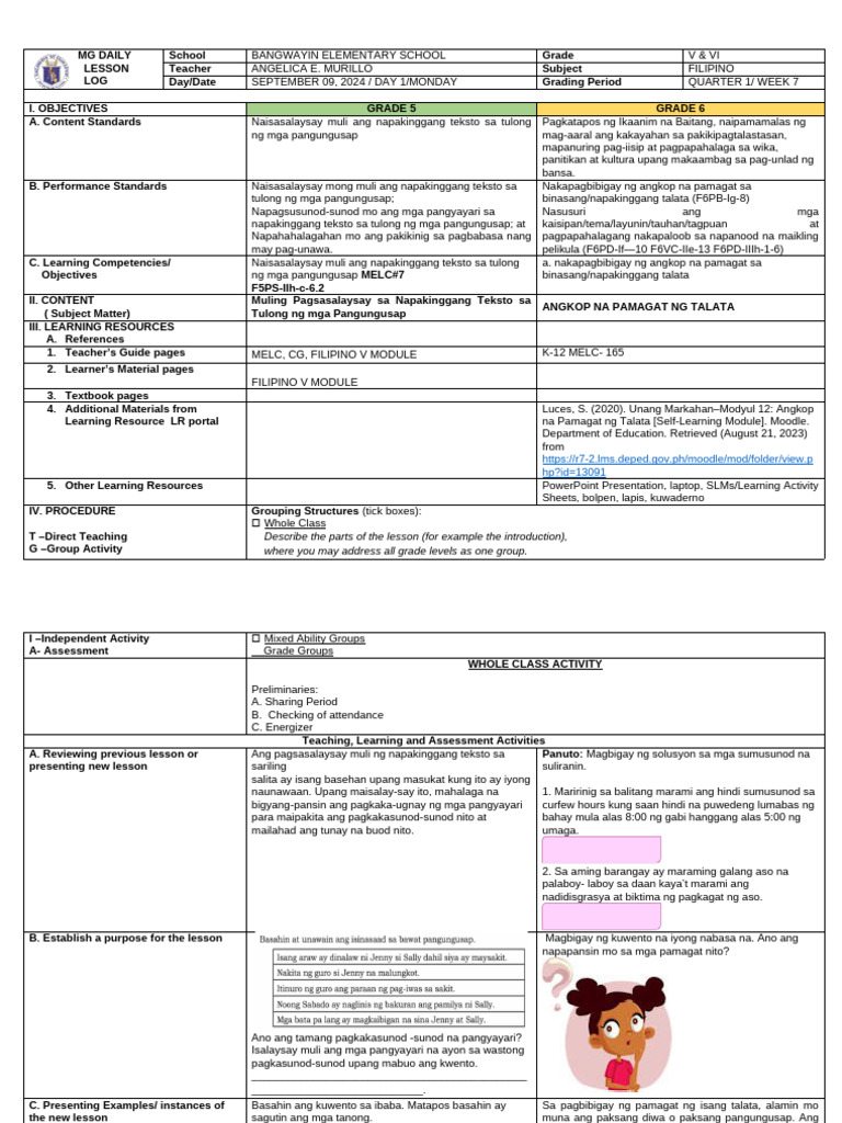 DLL Q1 W7 Day1 Filipino | PDF | Psychological Concepts