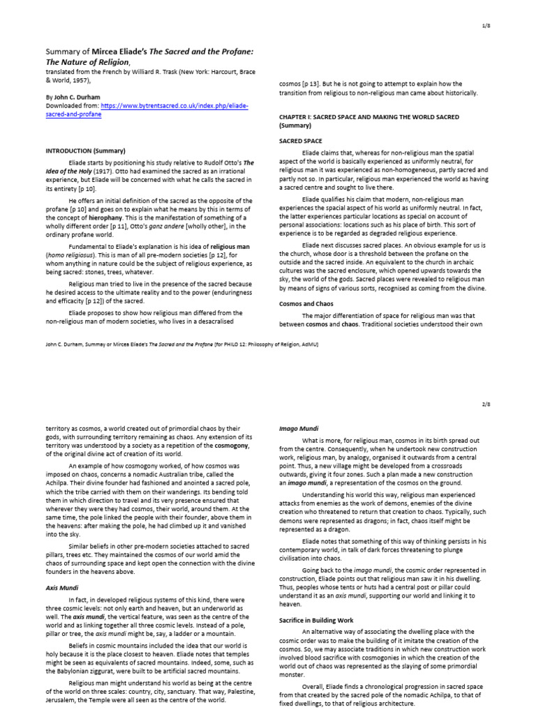 Durham - Summary of Eliade-The Sacred and The Profane | PDF