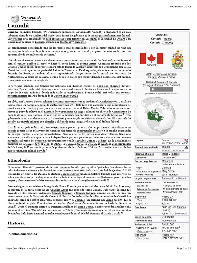 Canadá - Wikipedia, La Enciclopedia Libre | PDF