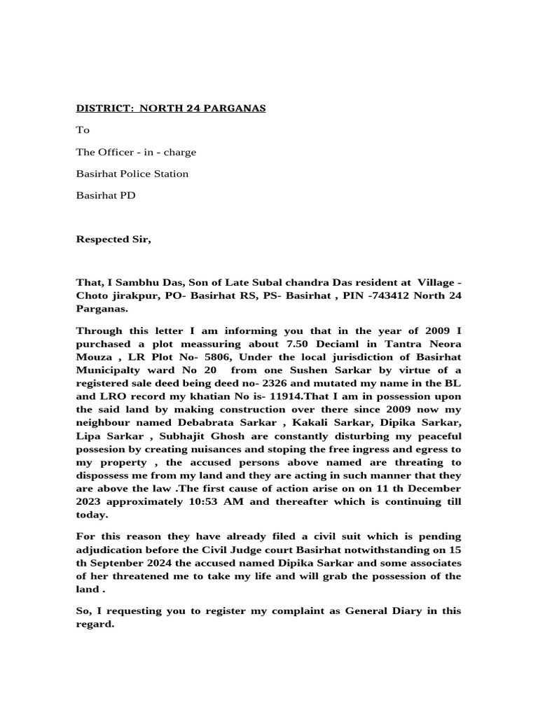 District: TH 24 Parganas: To The Officer - in - Charge Basirhat Police ...