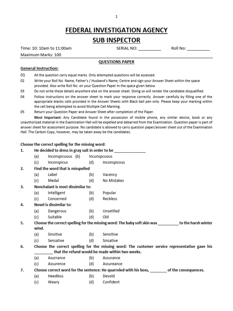 FIA Sub Inspector Past Paper | PDF | Surah