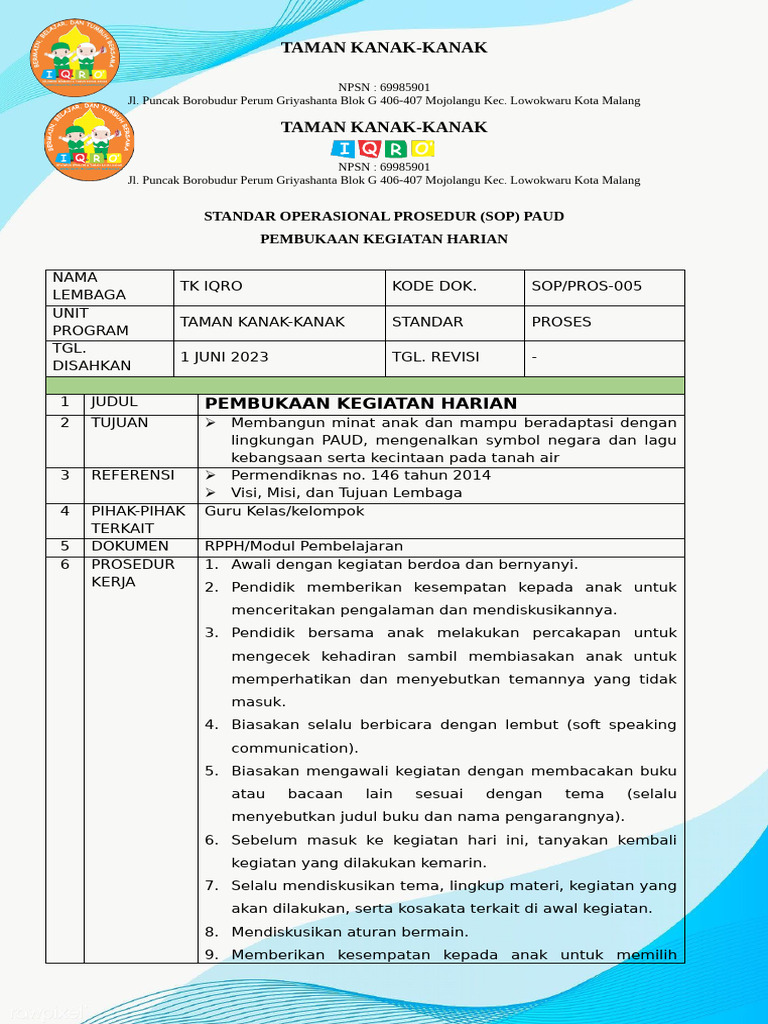 Sop Paud Pembukaan Kegiatan Harian Merdeka | PDF