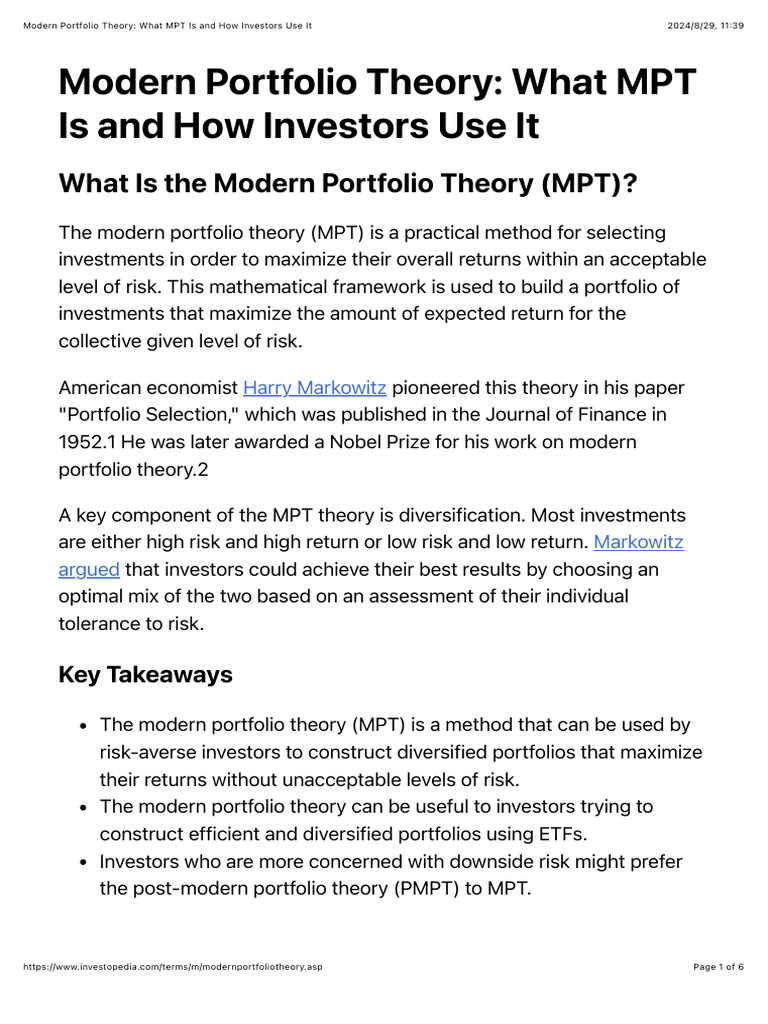 Modern Portfolio Theory: What MPT Is and How Investors Use It | PDF