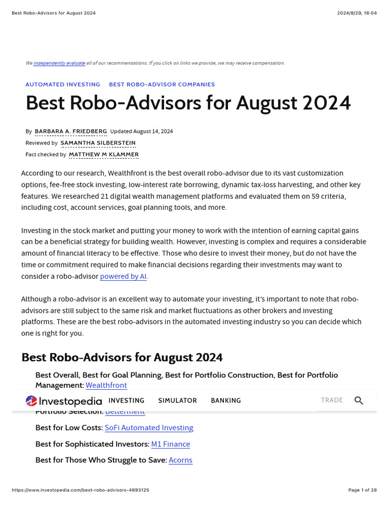 Best Robo-Advisors For August 2024 | PDF