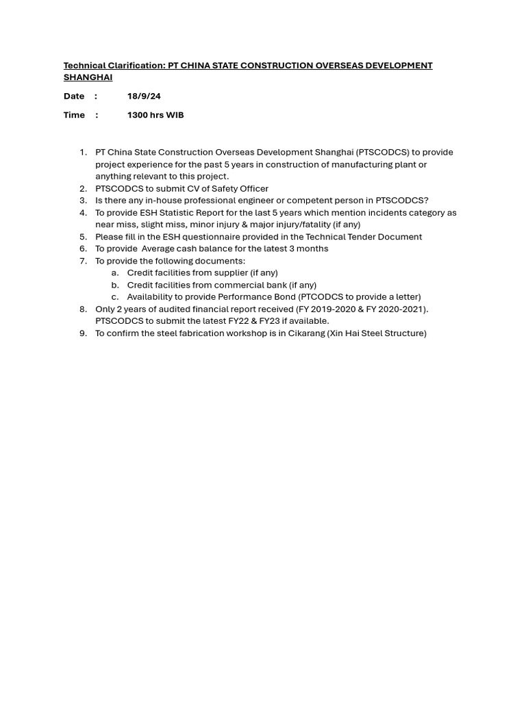 PT China State Construction - Technical Clarifications List | PDF