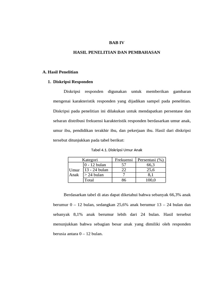 Bab Iv Hasil Penelitian Dan Pembahasan: Tabel 4.1. Diskripsi Umur Anak | PDF
