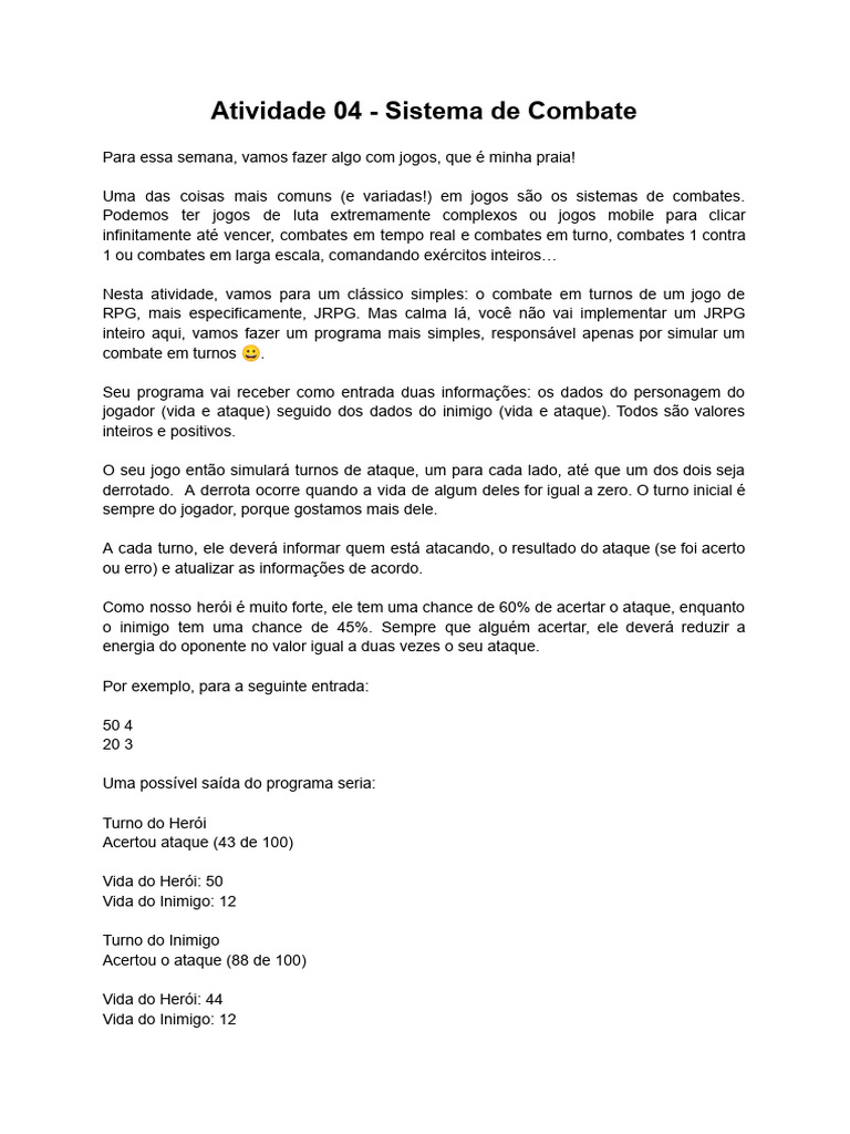 Atividade 04 - Sistema de Combate | PDF
