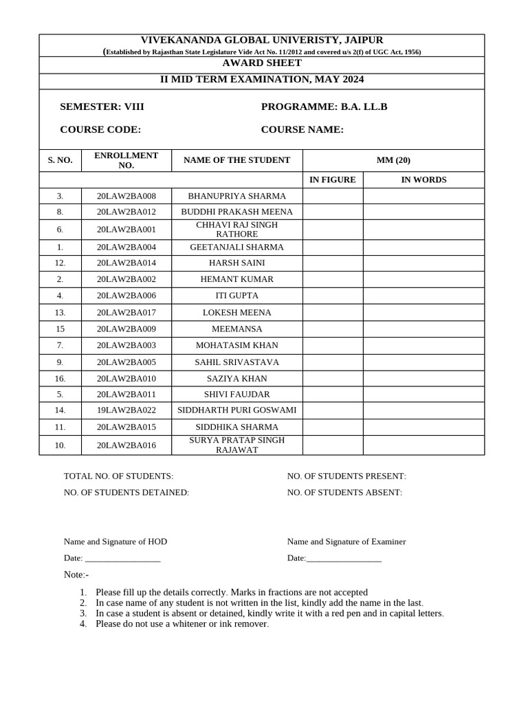 Award Sheet Sem Viii Ba-Llb | PDF