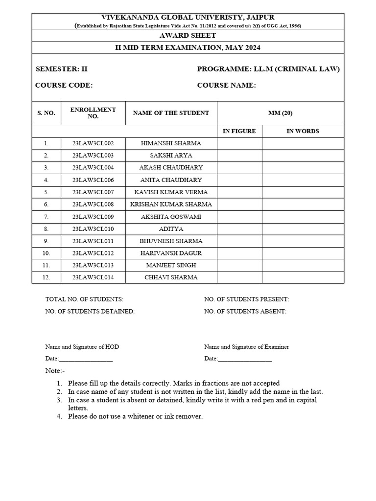 Award Sheet LLM Criminal Law | PDF