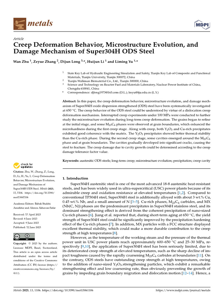 Creep Deformation Behavior, Microstructure Evolution, and Damage Mechanism of Super304H ODS ...