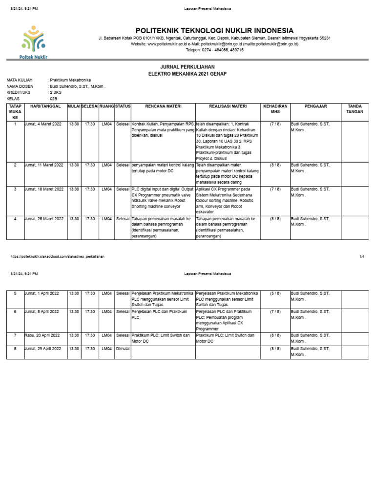 Jurnal PErkuliahan Mekatronika 21 - 22 | PDF