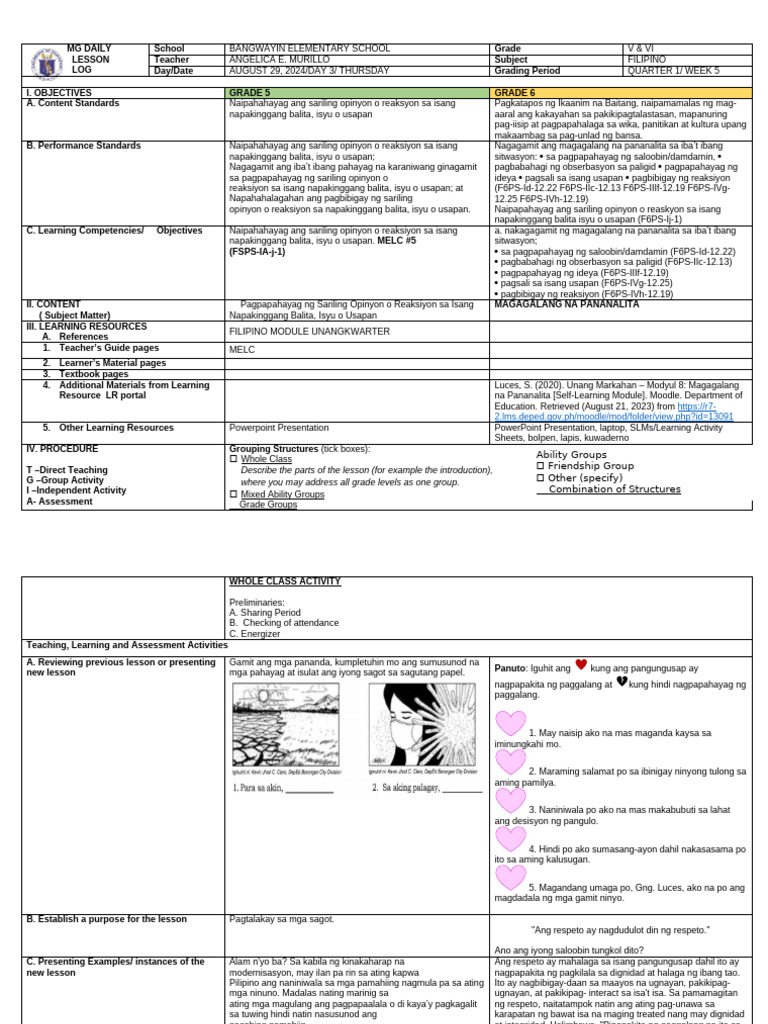 DLL Q1 W5 Day3 Filipino | PDF