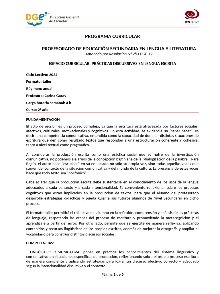 LyL-S-23 - PROGRAMA DE PRÁCTICAS DISCURSIVAS EN LENGUA ESCRITA 2024 - IES 9-023 | PDF