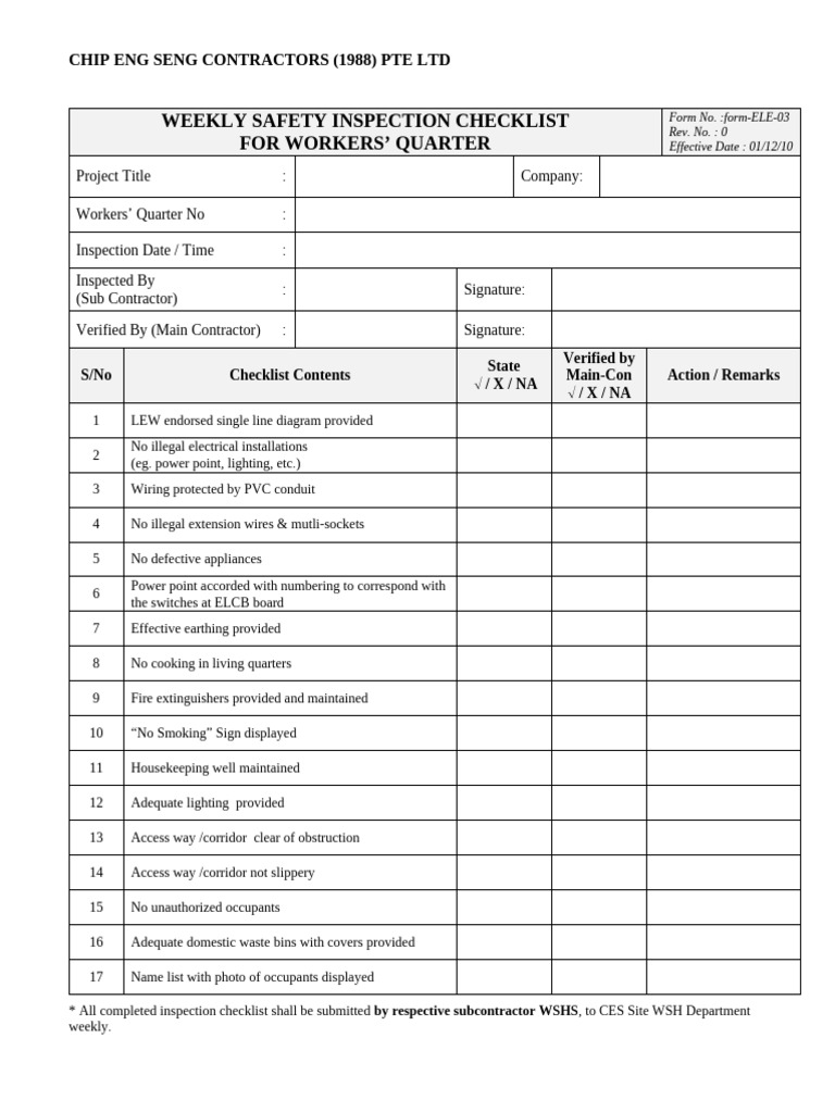 ELE03.Weekly Safety Insp Checklist Workers Quarter | PDF