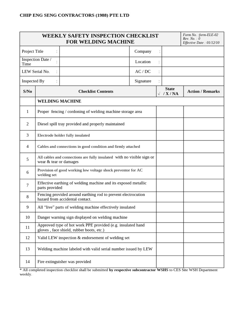 ELE02.Weekly Safety Insp Checklist Welding Machine | PDF
