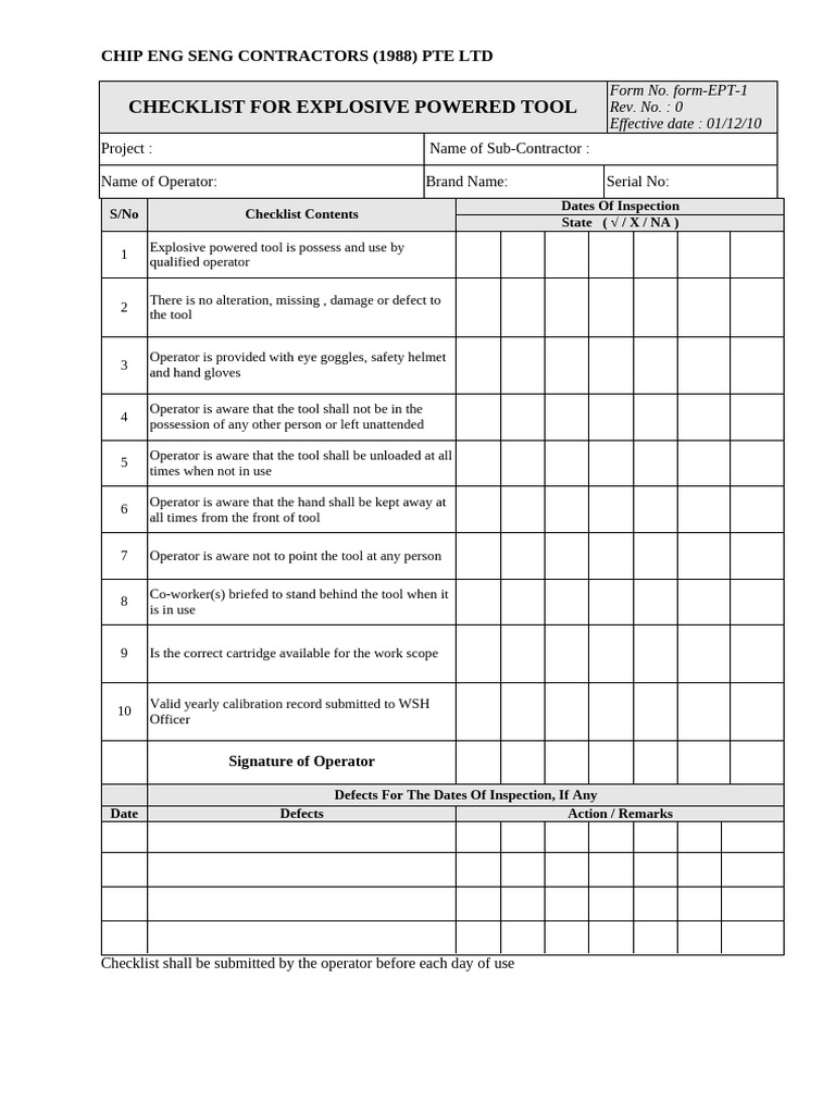 EPT01.Checklist For Explosive Powered Tools | PDF