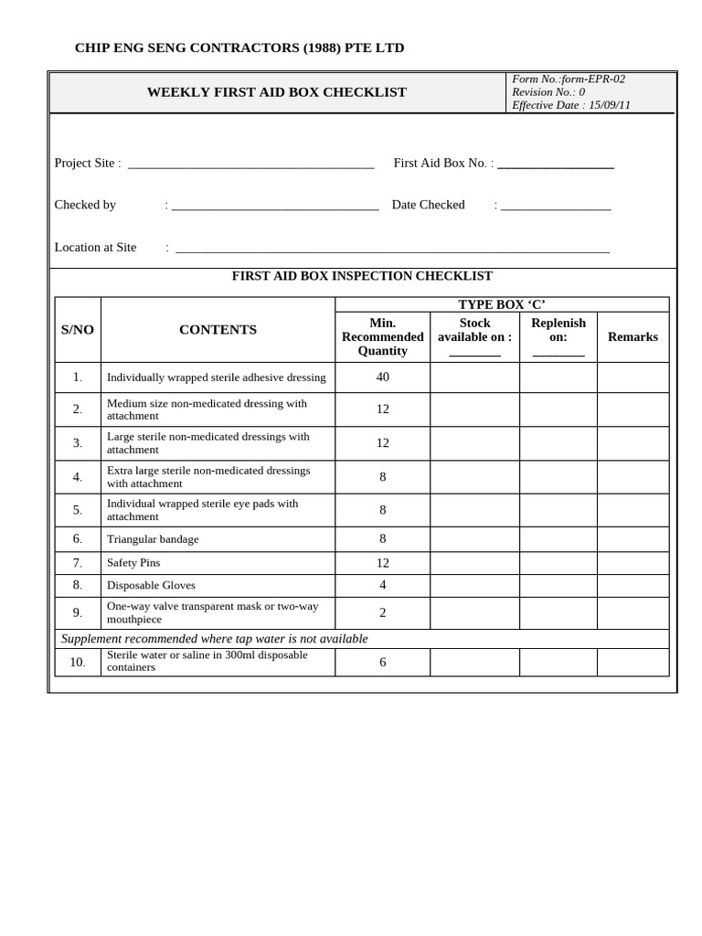 EPR02.Weekly First Aid Box Checklist | PDF