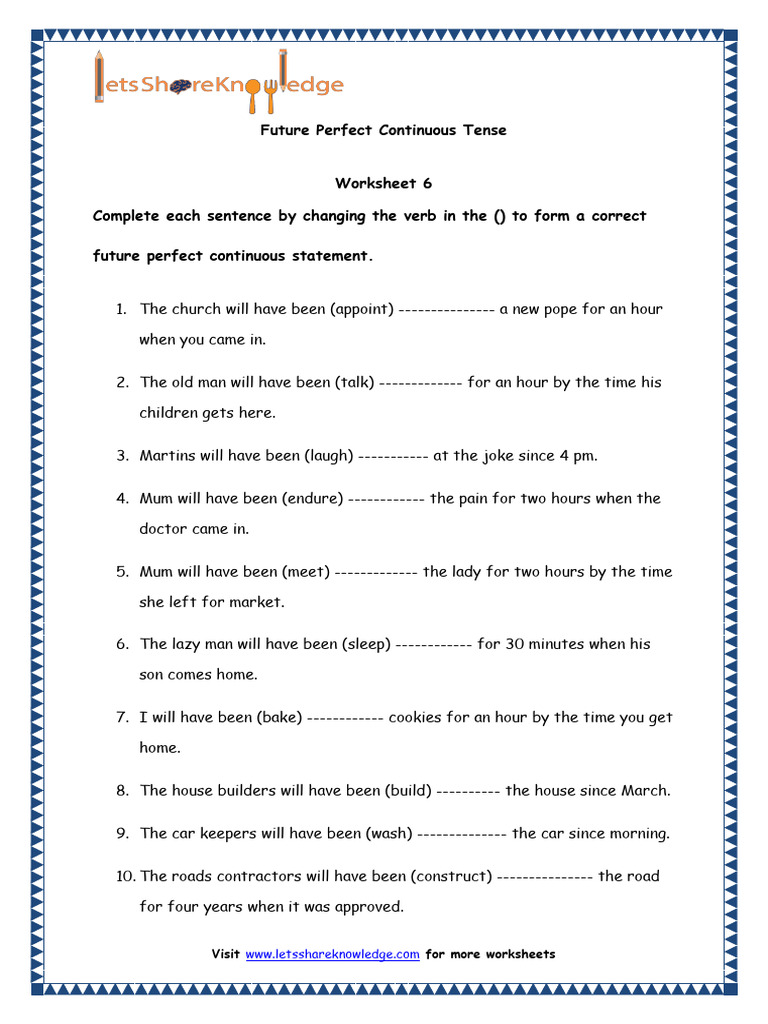 Future Perfect Continuous Tense Grade 4 English Printable Worksheets w6 ...