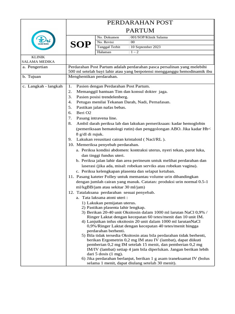 Sop Perdarahan Post Partum | PDF