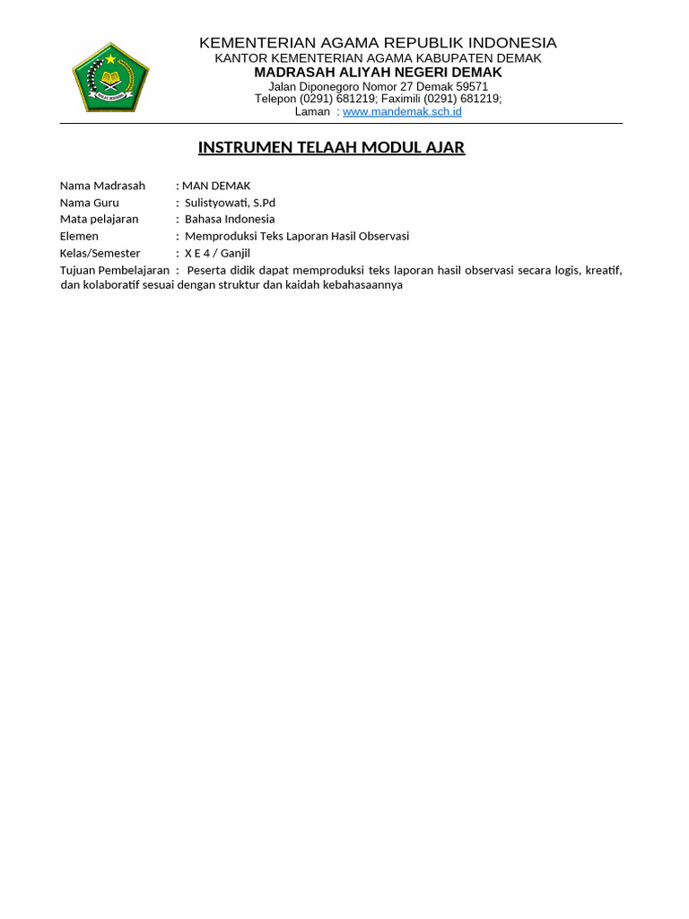 INSTRUMEN TELAAH MODUL AJAR Final | PDF