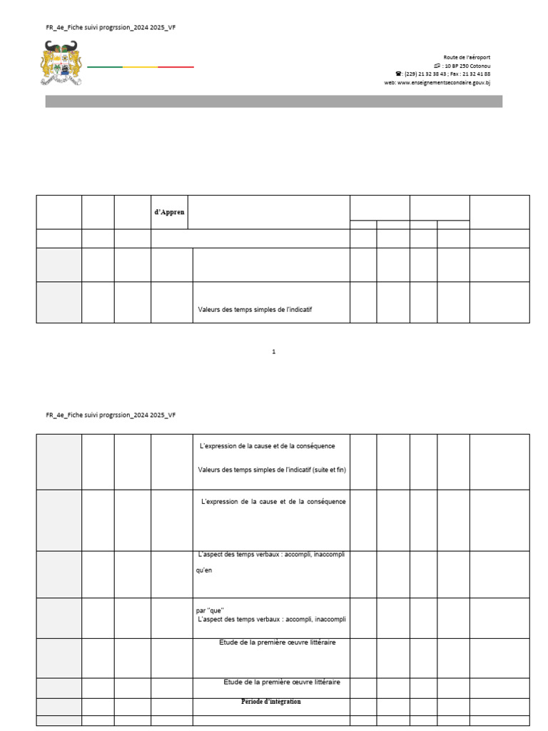 3 - FR - 4e - Fiche Suivi Progrssion - 2024 2025 - VF | PDF