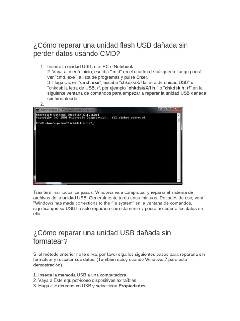 Cómo Reparar Una Unidad Flash USB Dañada Sin Perder Datos Usando CMD | PDF