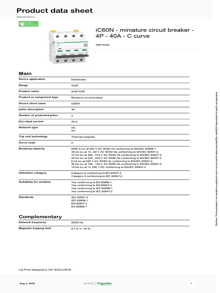 Schneider Electric - Acti9-iC60 - A9F74440 | PDF