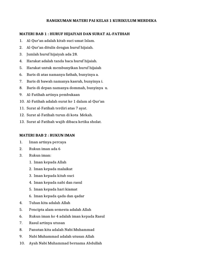 Rangkuman Materi Pai Kelas 1 Kurikulum Merdeka Dan Contoh Soal | PDF