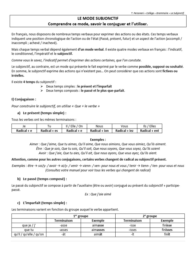 Lecon Subjonctif | PDF | French Conjugation | Language Mechanics