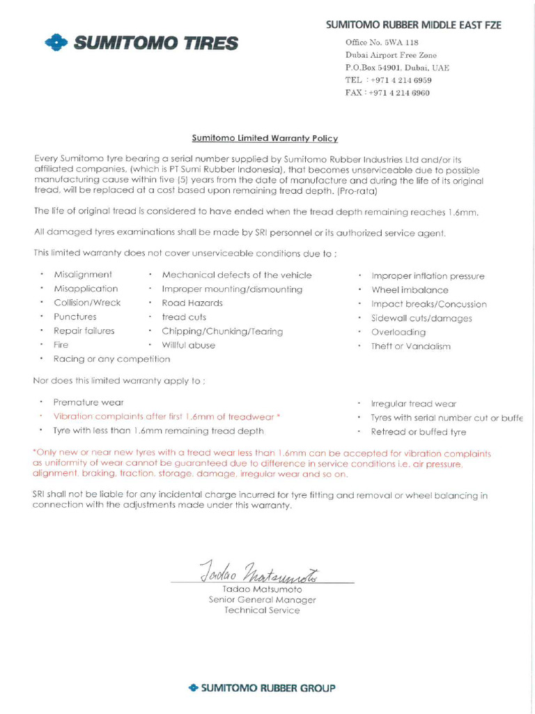 Sumitomo Warranty Policy | PDF