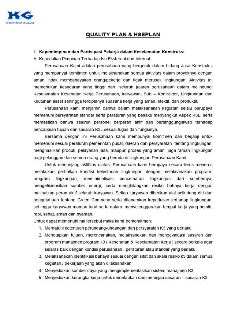 Quality Plan Dan HSE Plan PT. Kinviodela Gumilang | PDF