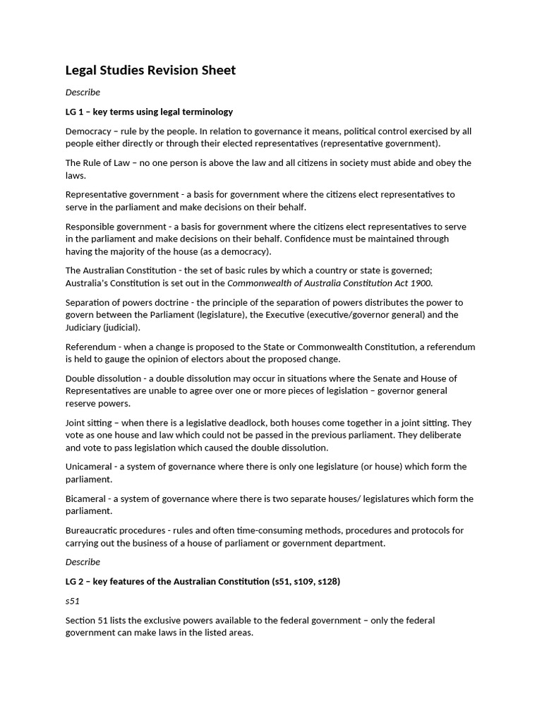 Ovve Legal Studies Revision Sheet | PDF