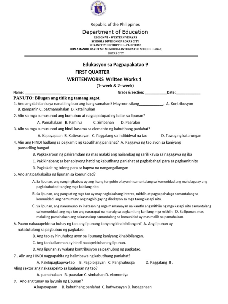 Esp 9 q1 WW PT | PDF