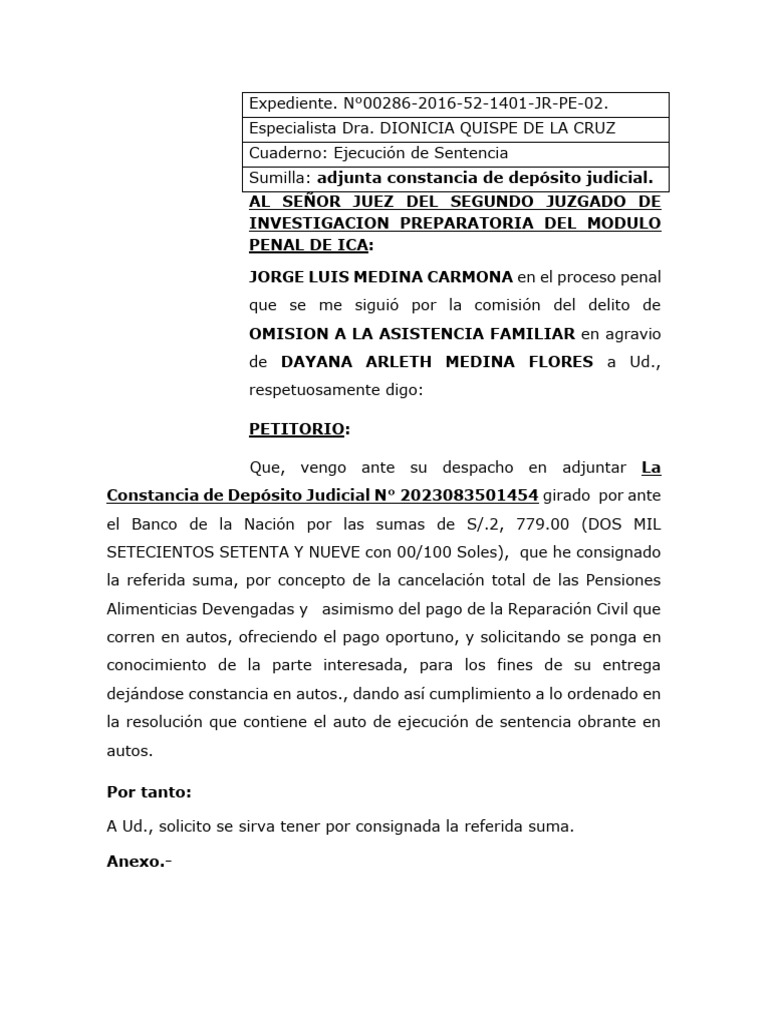 Adjunta Constancia de Deposito Judicial-Jorge Medina Carmona | PDF